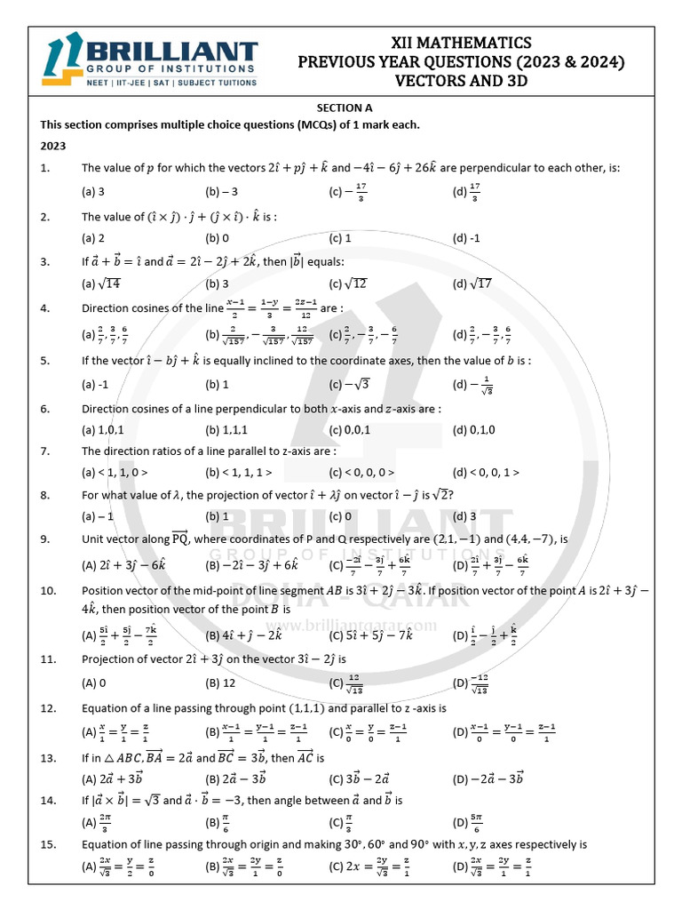 Vector and 3D (PYQ-2023 & 2024) | PDF | Euclidean Vector | Cartesian ...