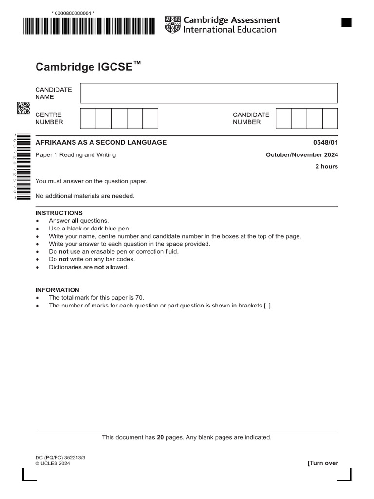 Cambridge IGCSE: Afrikaans As A Second Language 0548/01 | PDF