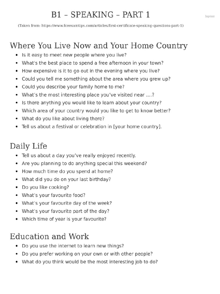 B1 Speaking Part 1 More Questions - Docx - Schoology | PDF