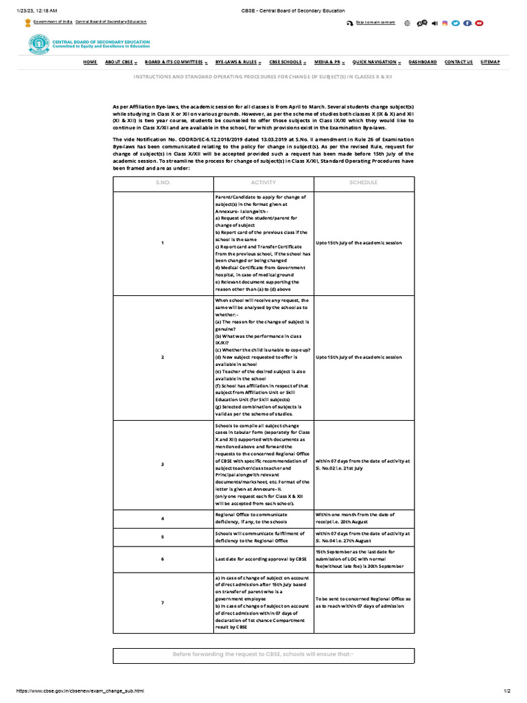 CBSE Subject Change Procedure X & XII | PDF