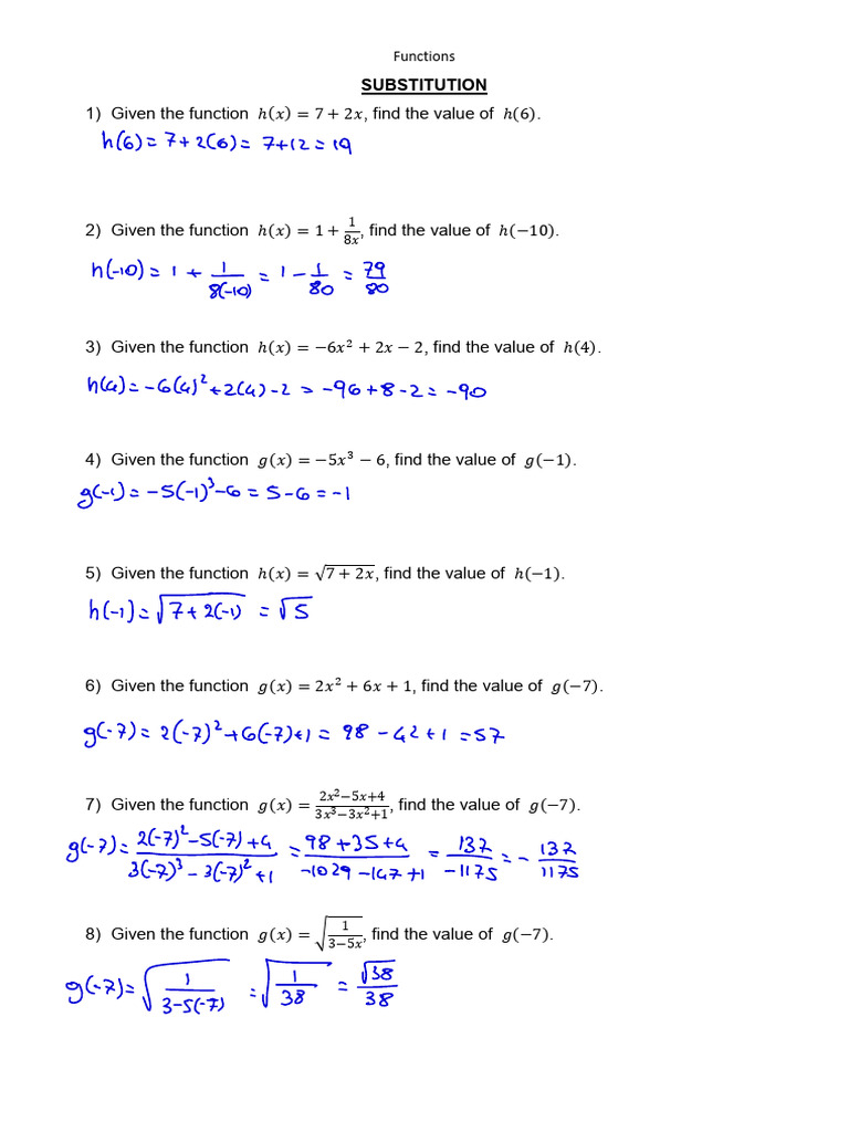 Functions (Substitution, Composite, Inverse) Worked Solutions | PDF