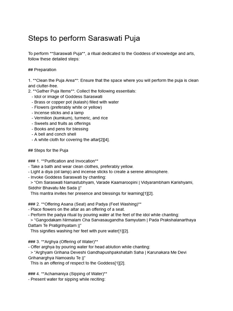 Steps To Perform Saraswati Puja | PDF | Hindu Worship