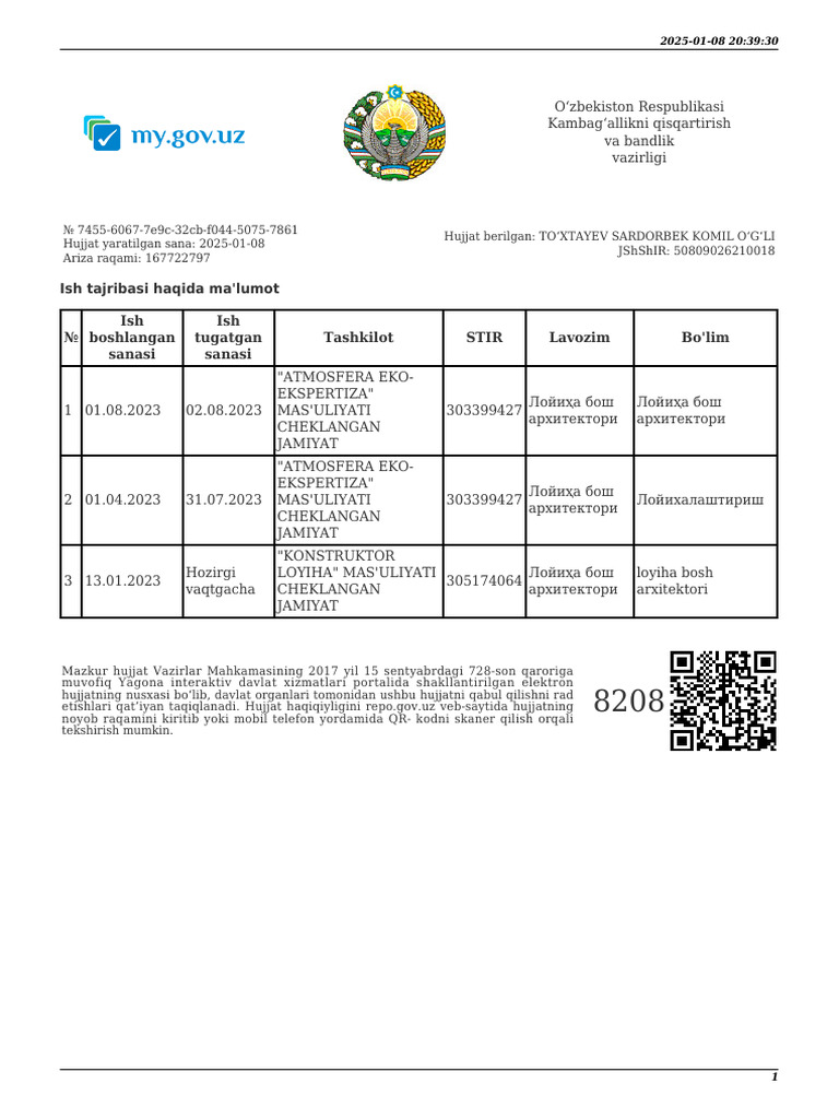 Ish Tajribasi Haqida Ma'lumot: Ish Boshlangan Sanasi Ish Tugatgan Sanasi Tashkilot Stir Lavozim ...