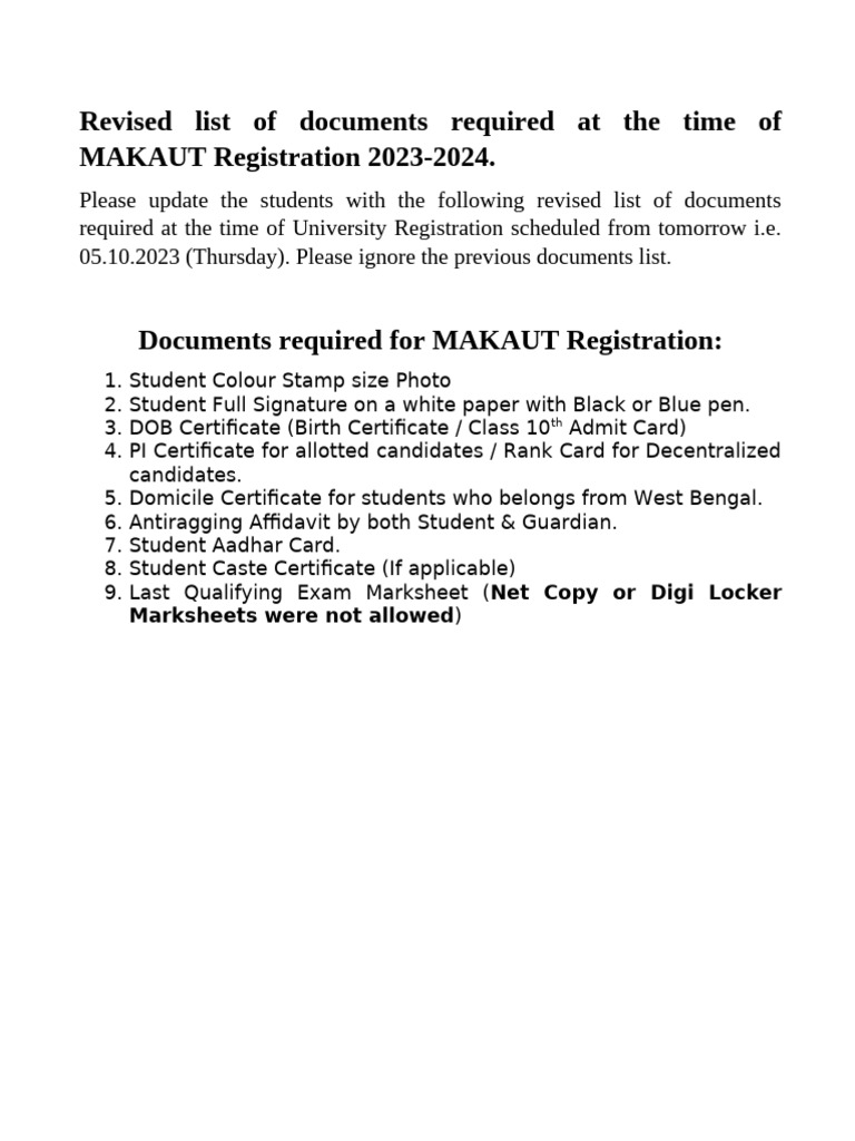 Revised List of Documents Required at The Time of MAKAUT Registration 2023 | PDF