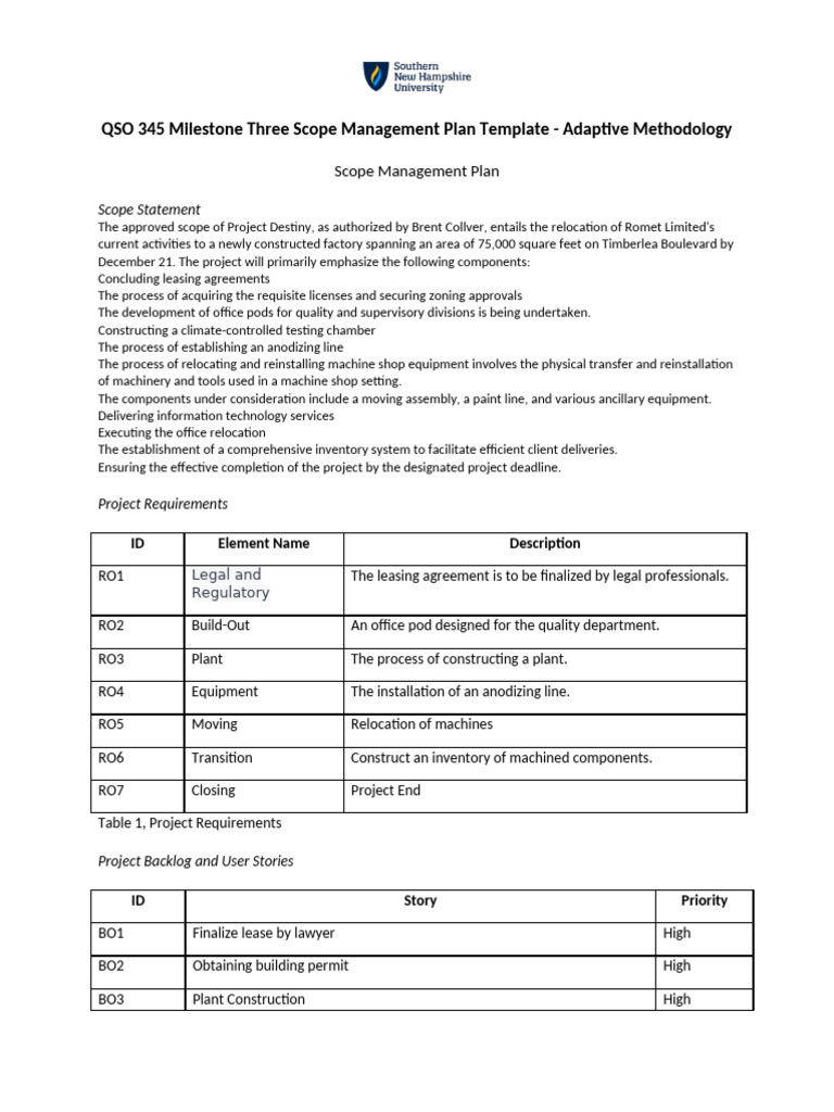 QSOHW42-345 Milestone Three Scope Management Plan Template - Adaptive | PDF | Engineering