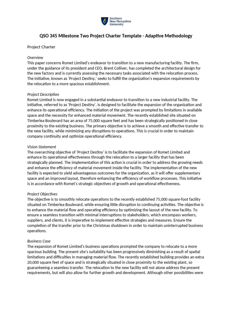 QSO 345 Milestone Two Project Charter Template - Adaptive | PDF ...