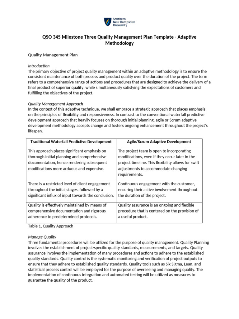 Adaptive Quality Management Plan Template | PDF | Software Development ...