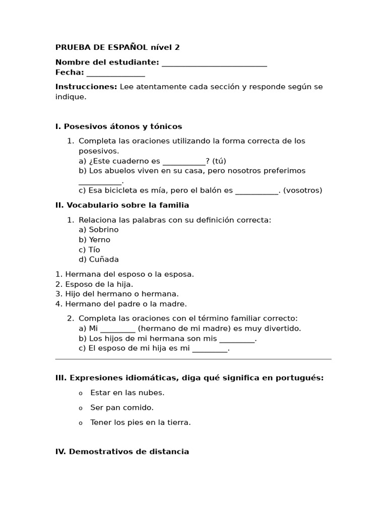 Prueba de Español Nivel 2: Ejercicios y Vocabulario | PDF