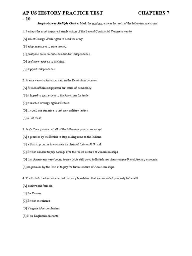 AP US HISTORY PRACTICE TEST - 10 KEY EVENTS | PDF | American Revolution ...