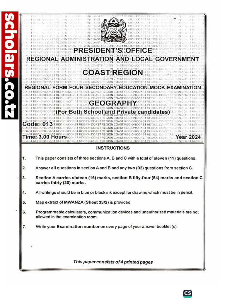 Scholars - Co.tz Geography Mock Form 4 Pwani 2024 | PDF
