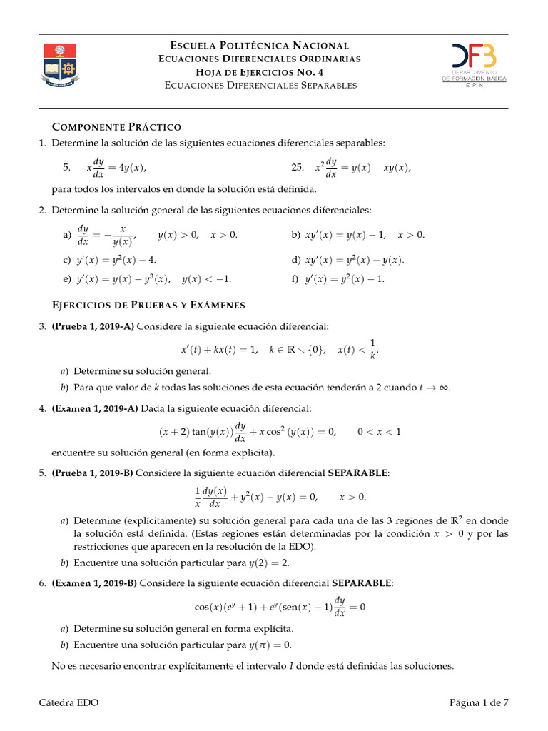 EDO 2021 B 4 Edos Separables PDF | PDF | Ecuaciones | Ecuaciones diferenciales