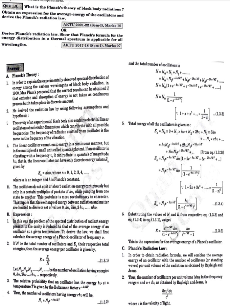 Physics Unit One Pyq With Solution (Quantum) | PDF