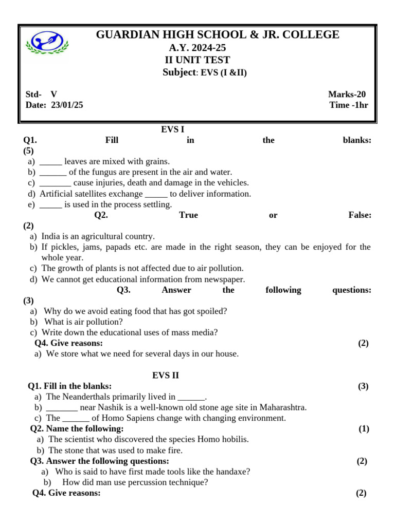 2nd Unit Test Question Paper STD 5th Evs 1 and 2 | PDF