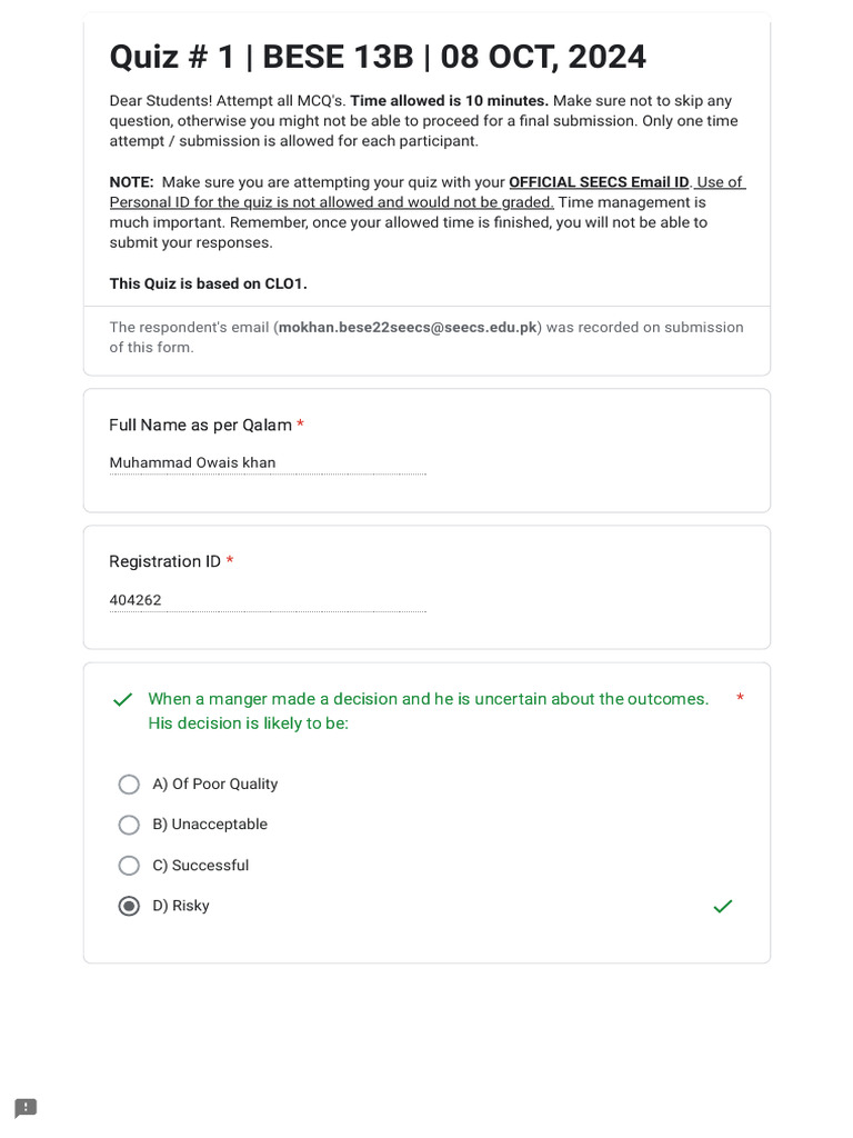 Quiz # 1 - BESE 13B - 08 OCT, 2024 | PDF