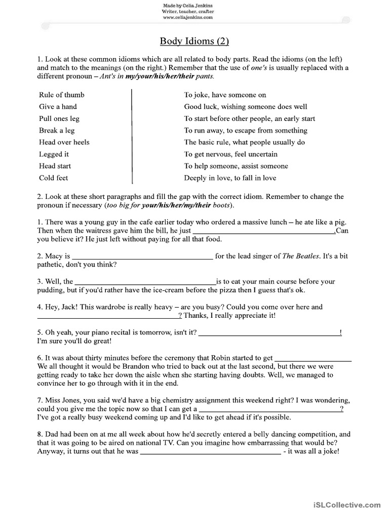 Body Idioms Practice 2 Student's | PDF