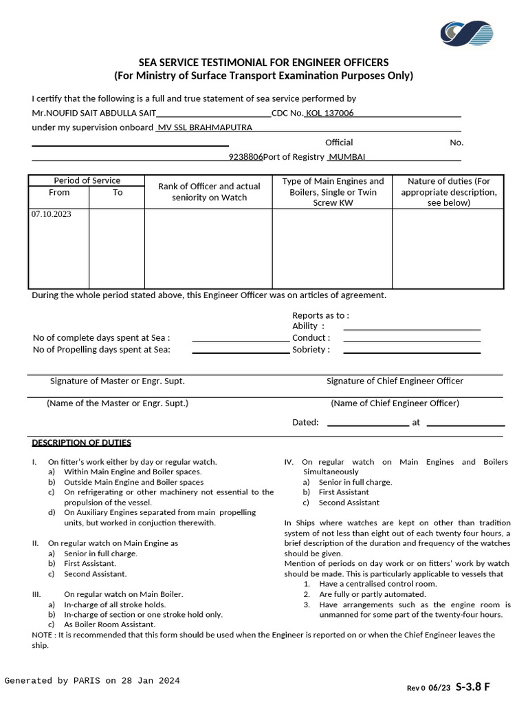 Engineer Officer Sea Service Report | PDF | Watercraft | Ships