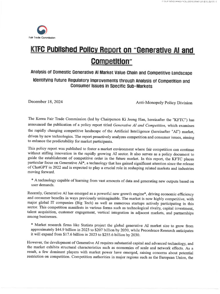 KTFC Published Policy Report On Generative AI and Competition | PDF