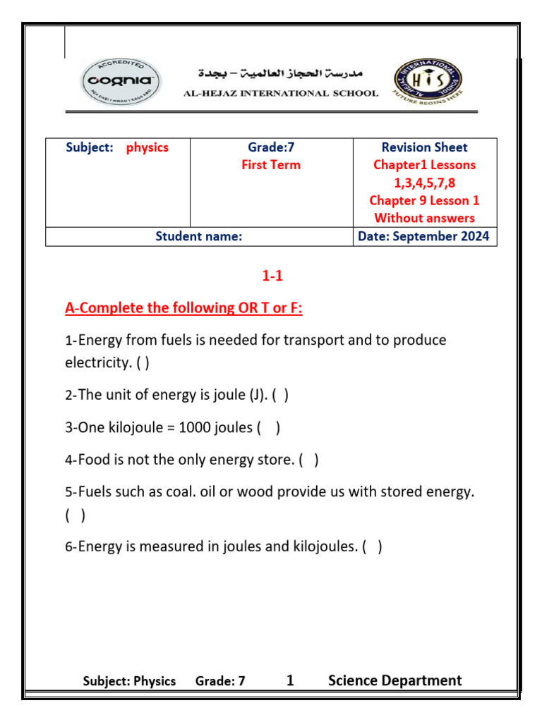 7th Grade Physics Revision Sheet | PDF | Friction | Potential Energy