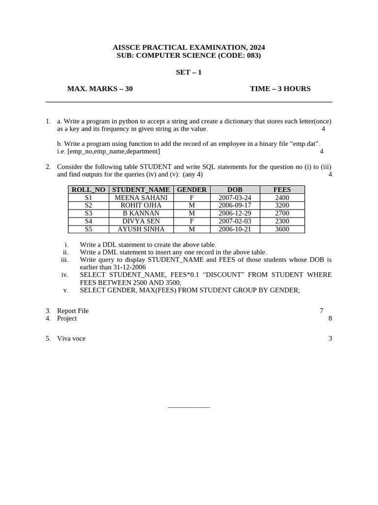 AISSCE CS PRACTICAL Exam QP - Total - 6 Sets 2023-24 | PDF | Sql | Information Retrieval