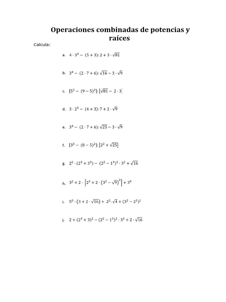 Operaciones Combinadas de Potencias y Raíces | PDF