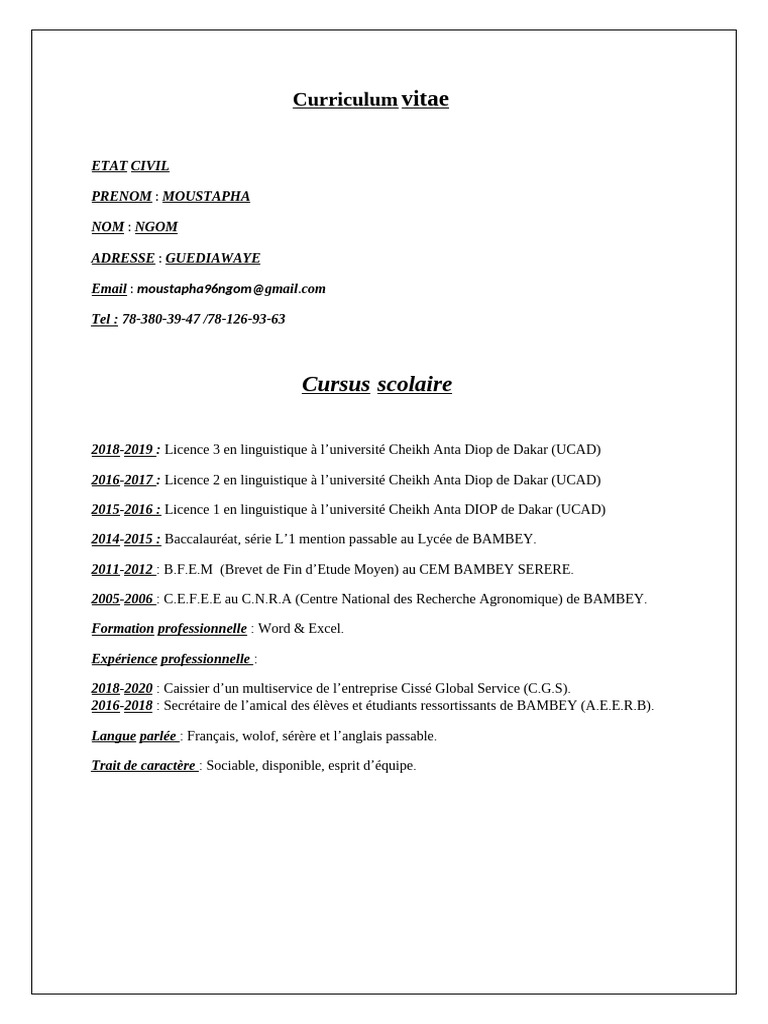 CV de Moustapha Ngom - Université UCAD | PDF