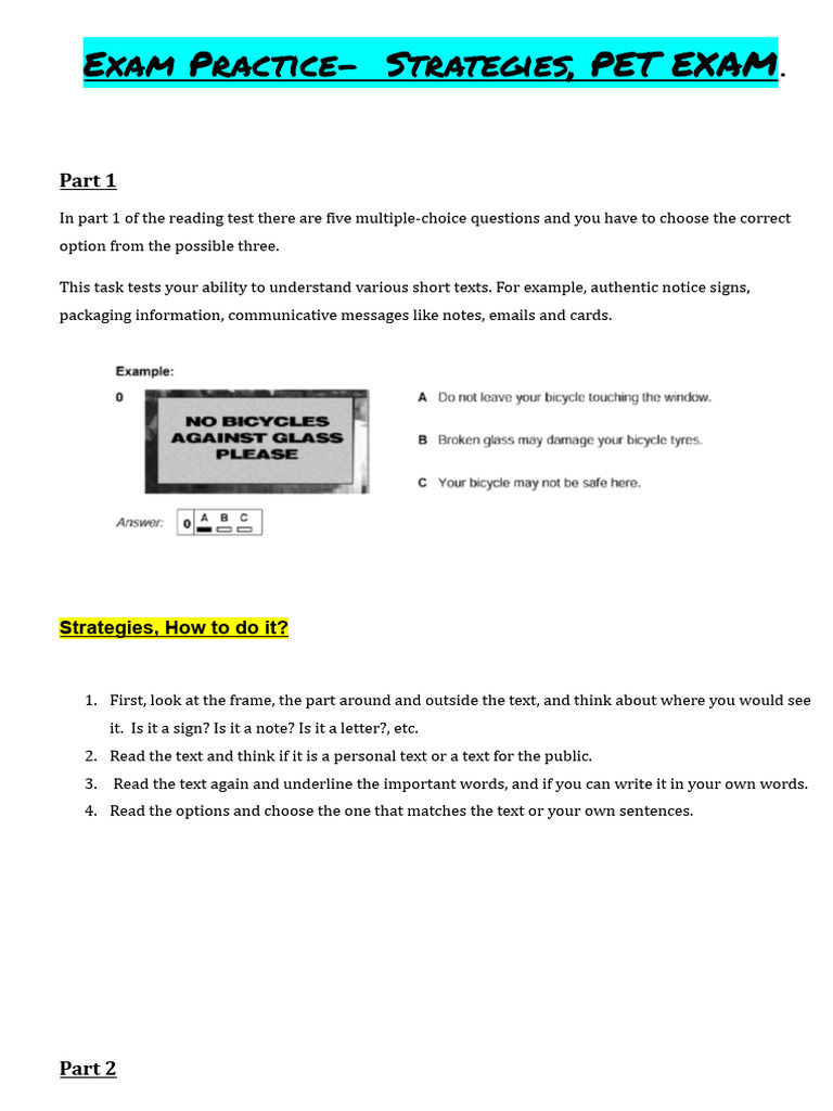 PET Exam Practice Strategies Parts 123 and 5 | PDF | Reading ...