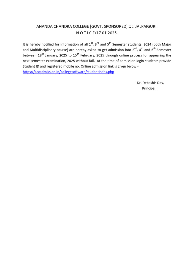Semester Admission Notice 2025 | PDF