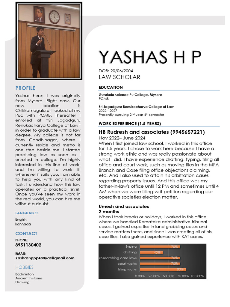 Yashas H P Resume An Aspiring Lawyer | PDF