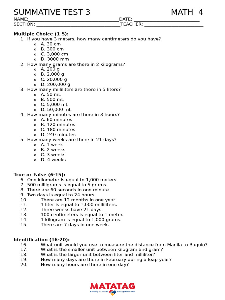 MATH 4 SUMMATIVE 03 | PDF | Litre | Quantity