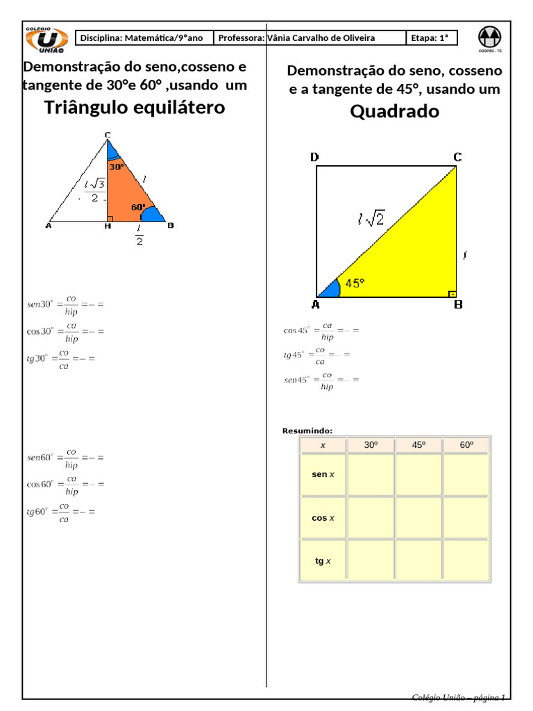 Demonstração - Do - Seno - Cos - e - Tangente - de - Ângulos - Notáveis ...