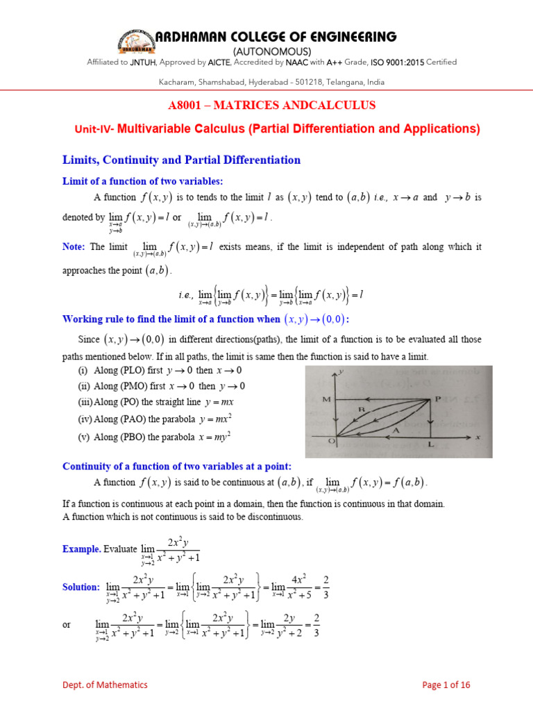 Unit-IV A8001 (MAC) Handout (Multivariable Calculus (Partial ... Unit-IV A8001 (MAC) Handout (Multivariable Calculus (Partial ...