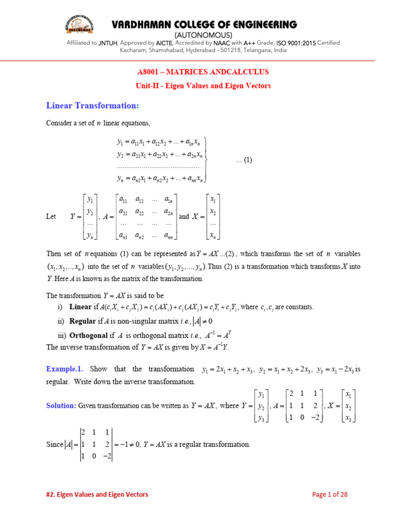 Unit-II A8001 (MAC) Handout (Eigen Values and Eigen Vectors) | PDF | Eigenvalues And ...