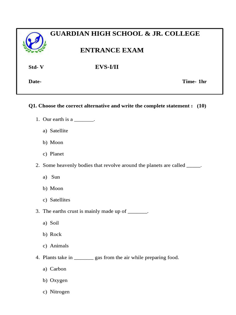 Entrance Exam std 5 EVS I &II | PDF