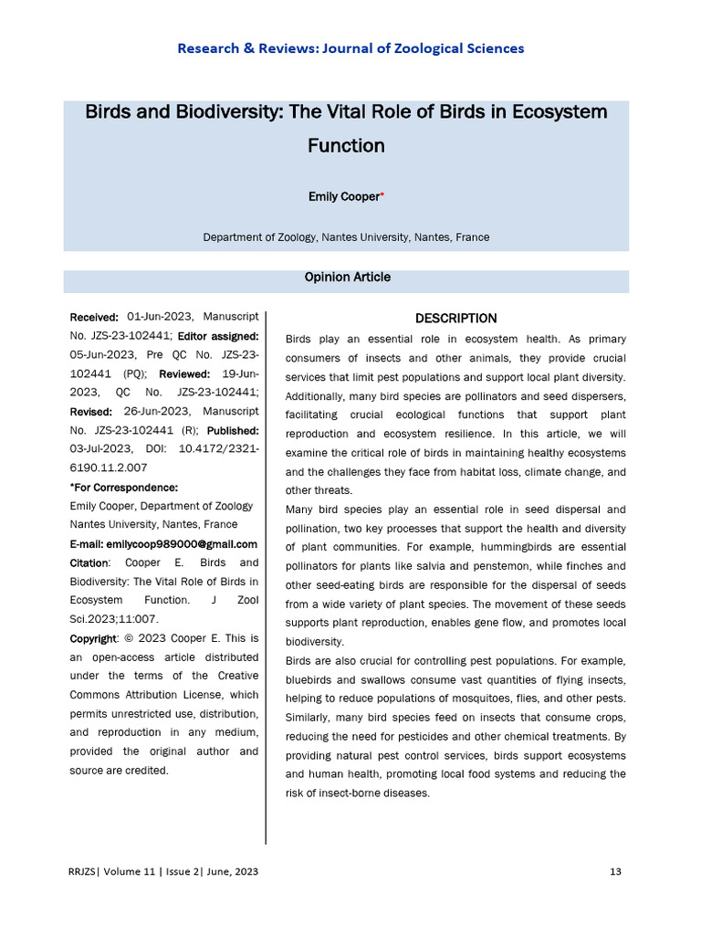 Birds and Biodiversity the Vital Role of Birds in Ecosystemfunction ...