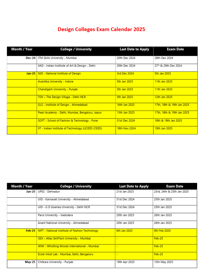 Design Colleges Exam Calendar 2025 | PDF