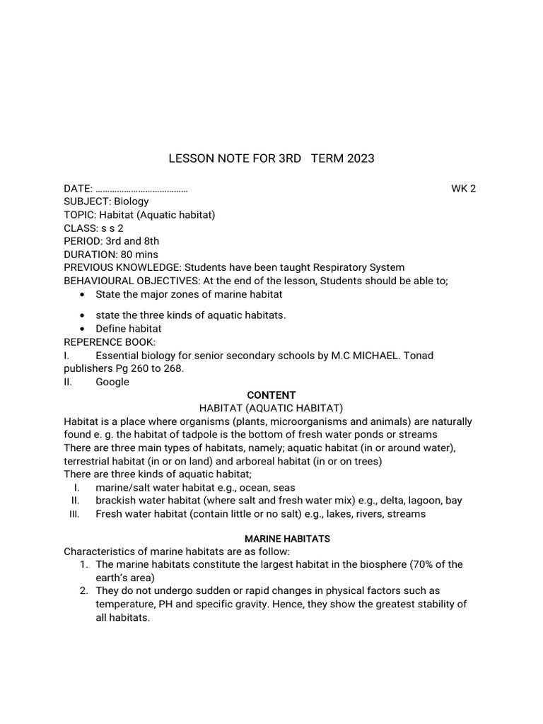 Lesson Note For Third Term Bio Ss2 | PDF | Desert | Habitat