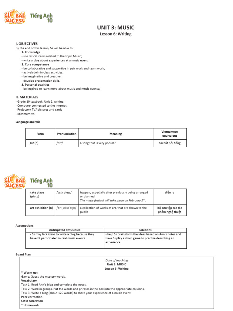 TA10-Unit 3_Lesson Plan mẫu Writing | PDF | Learning | Cognitive Science
