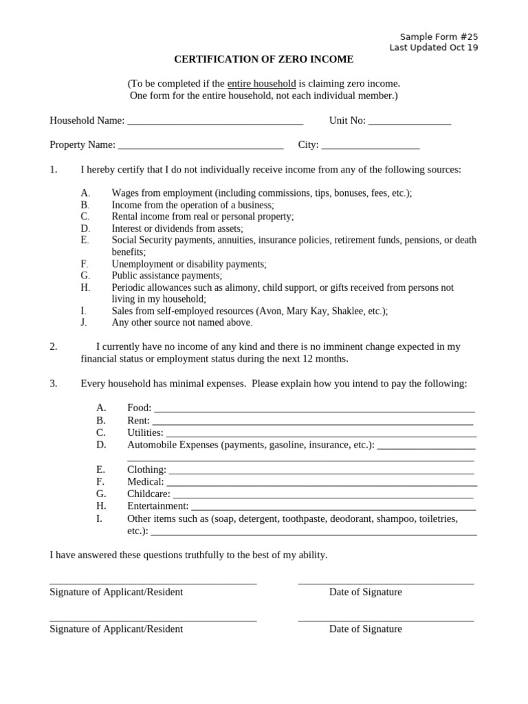 Sample Form 25 Zero Income Certification Non Template | PDF | Income ...