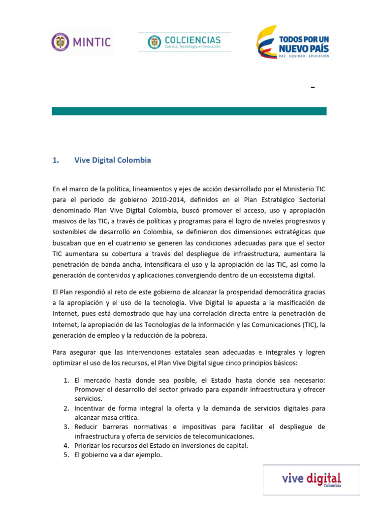 Plan Vive Digital Colombia | PDF | Tecnología de información y comunicaciones | Internet