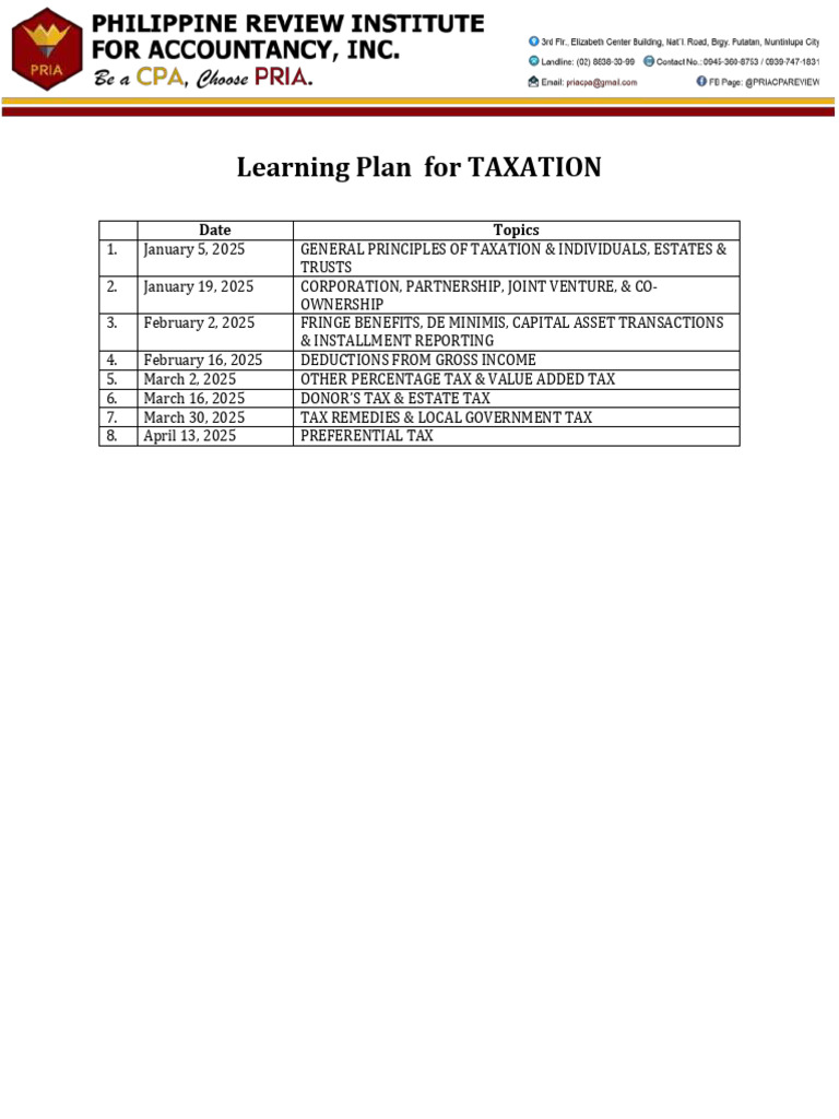 Taxation Learning Plan 2025 | PDF