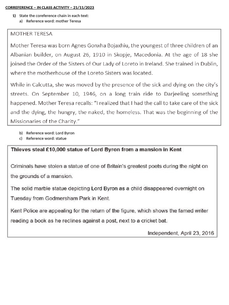 Unit 6 - Correference - in Class Activity - 19-11-2024 | PDF