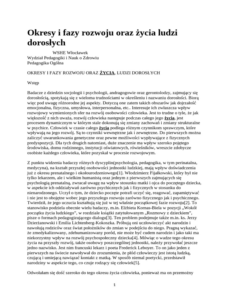 Okresy I Fazy Rozwoju Oraz Życia Ludzi Dorosłych | PDF