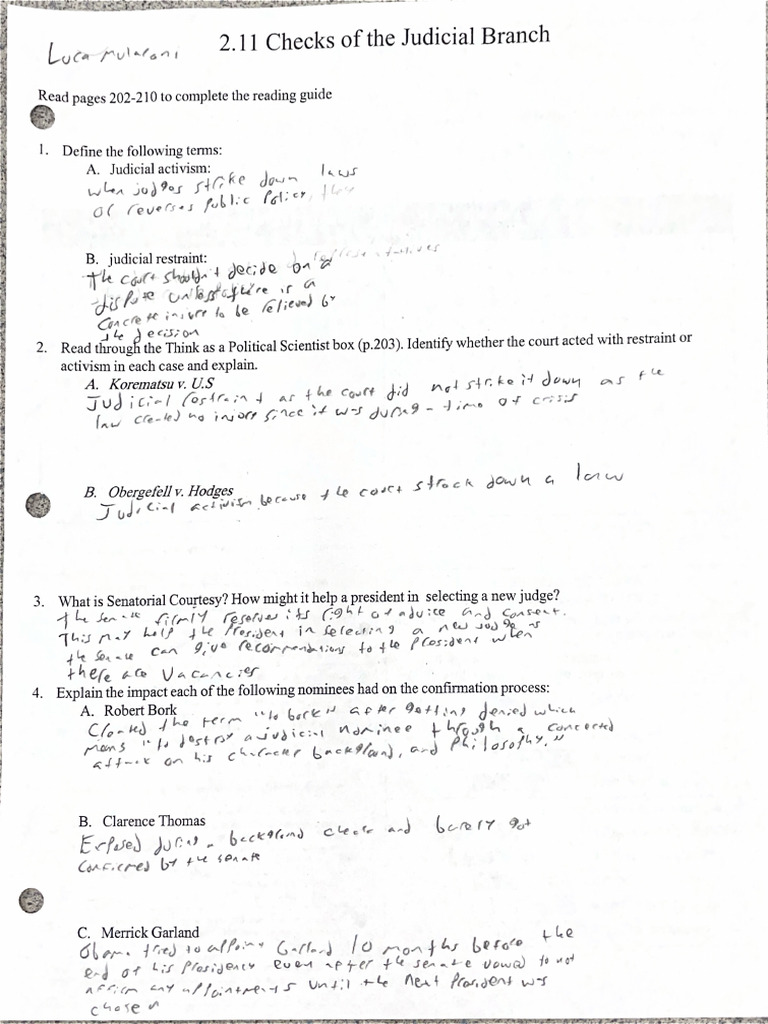 2.11 Checks of The Judicial Branch Reading Guide | PDF
