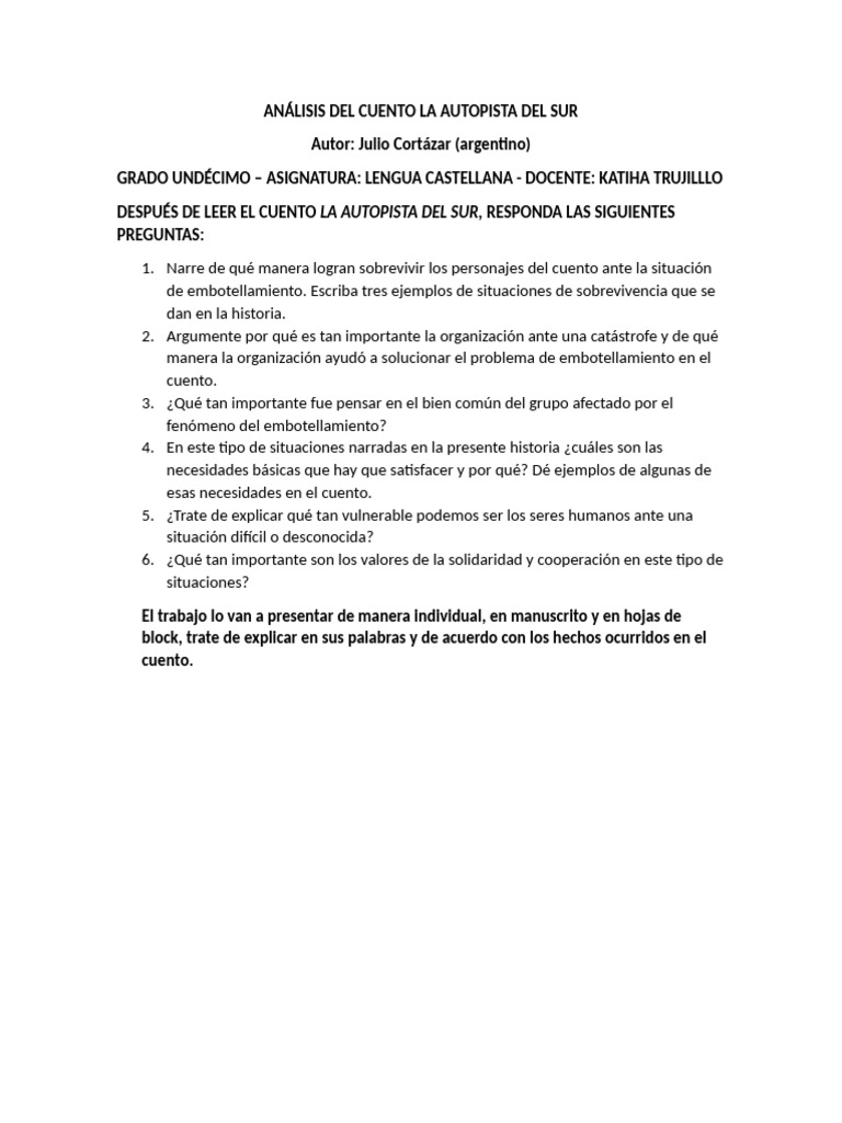 ANÁLISIS CUENTO LA AUTOPISTA DEL SUR 6 Preguntas | PDF