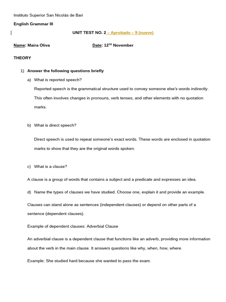 English Grammar III Unit Test Answers | PDF | Clause | Verb