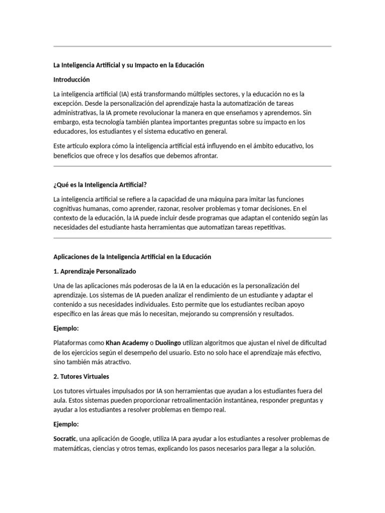 La Inteligencia Artificial y Su Impacto en La Educación | PDF ...