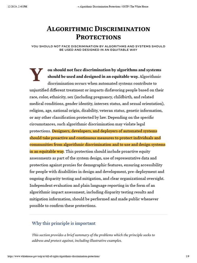 Algorithmic Discrimination Protections - OSTP - The White House | PDF