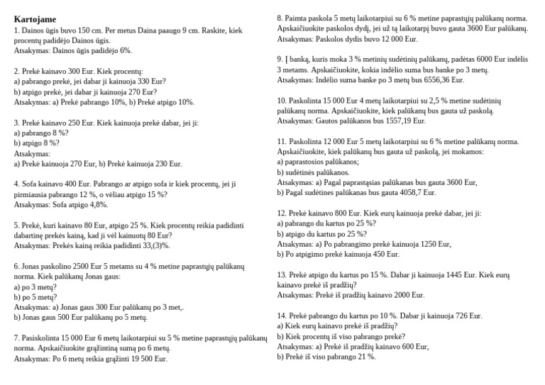 Procentai. Kartojimo Uzdaviniai | PDF