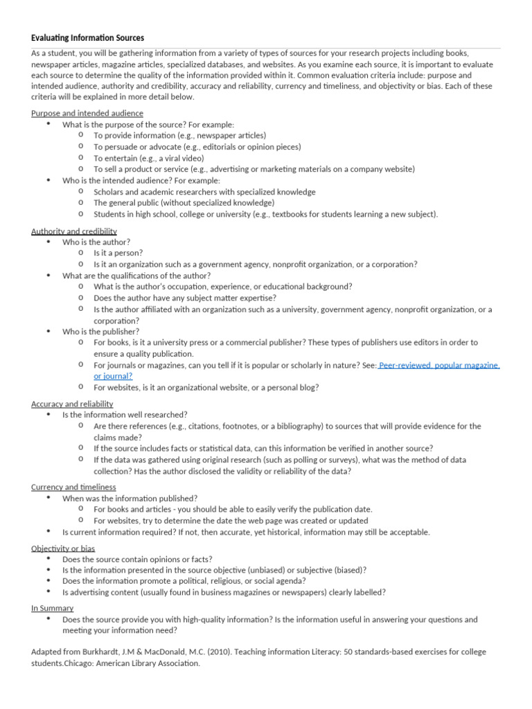 Evaluating Information Sources | PDF | Publishing | Bias