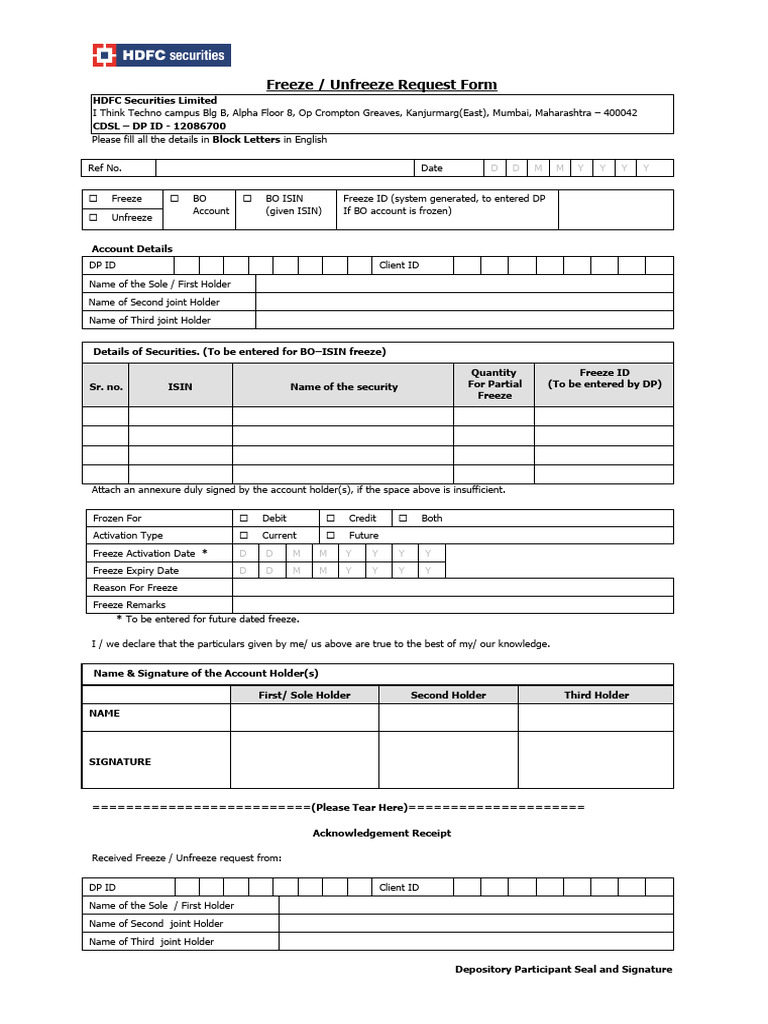 HDFC Securities Freeze/Unfreeze Form | PDF